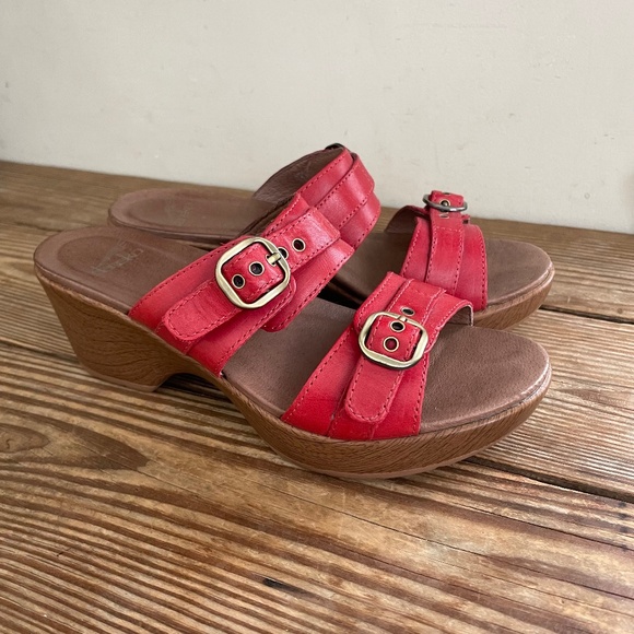 Dansko | Shoes | Dansko Red Leather Slip On Jessie Heeled Wedge Clog ...